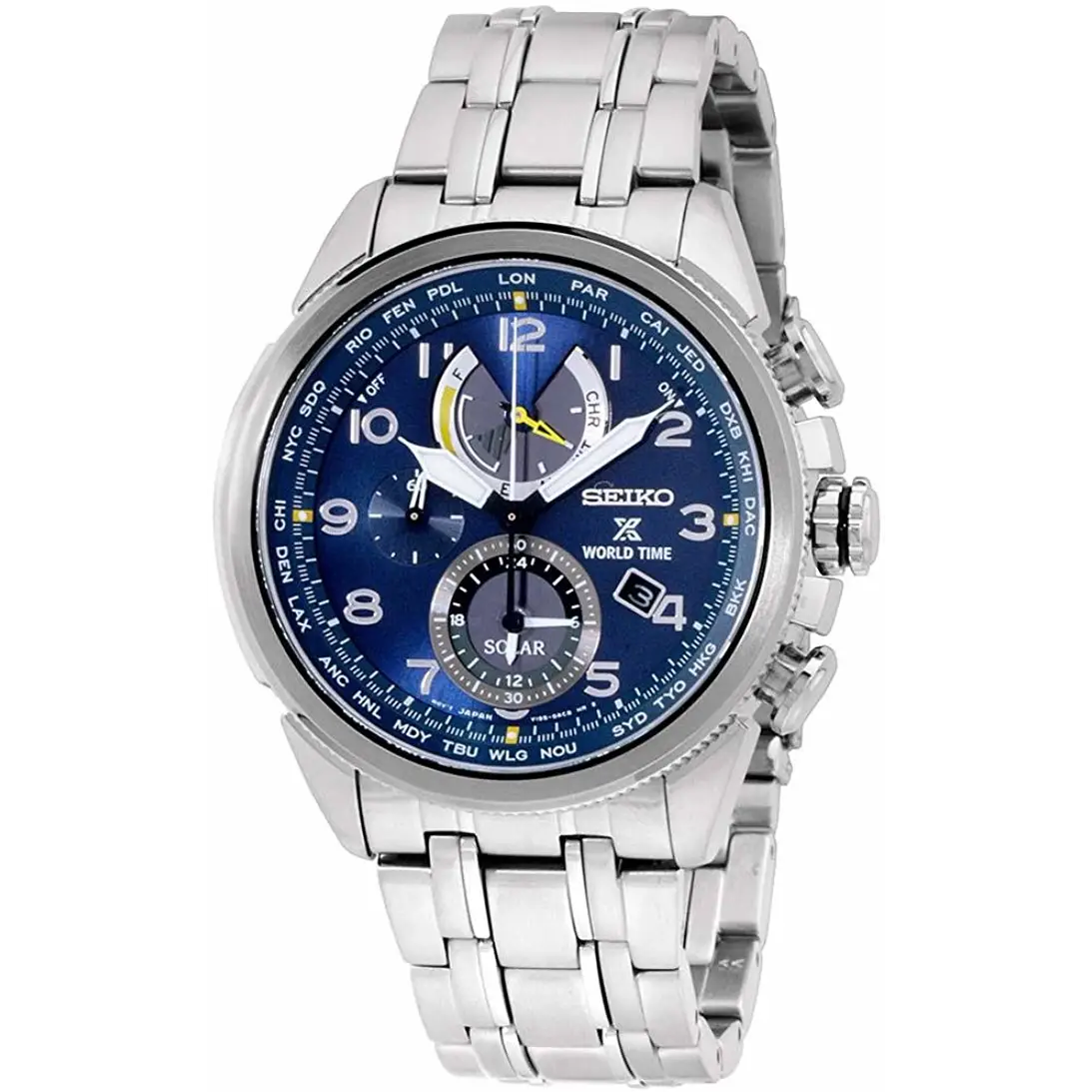 Seiko Men's Prospex World Time Solar Silvertone Watch with Blue Dial ...